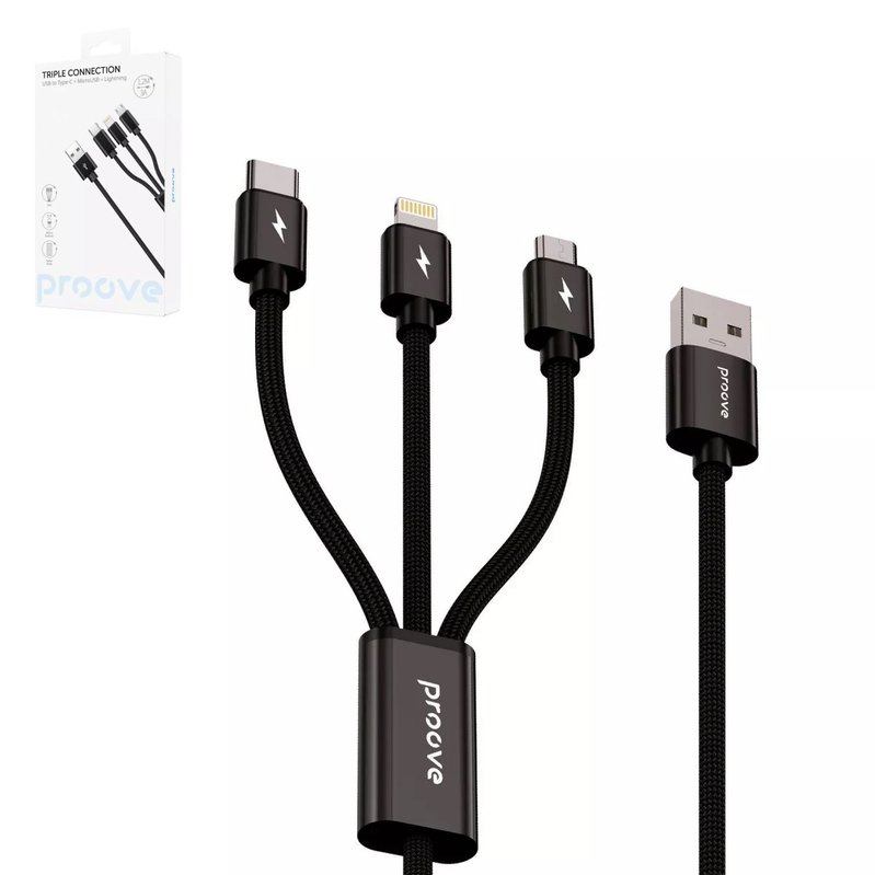 Cable USB Proove Triple Connection, USB tipo-A, USB tipo C, micro USB ...
